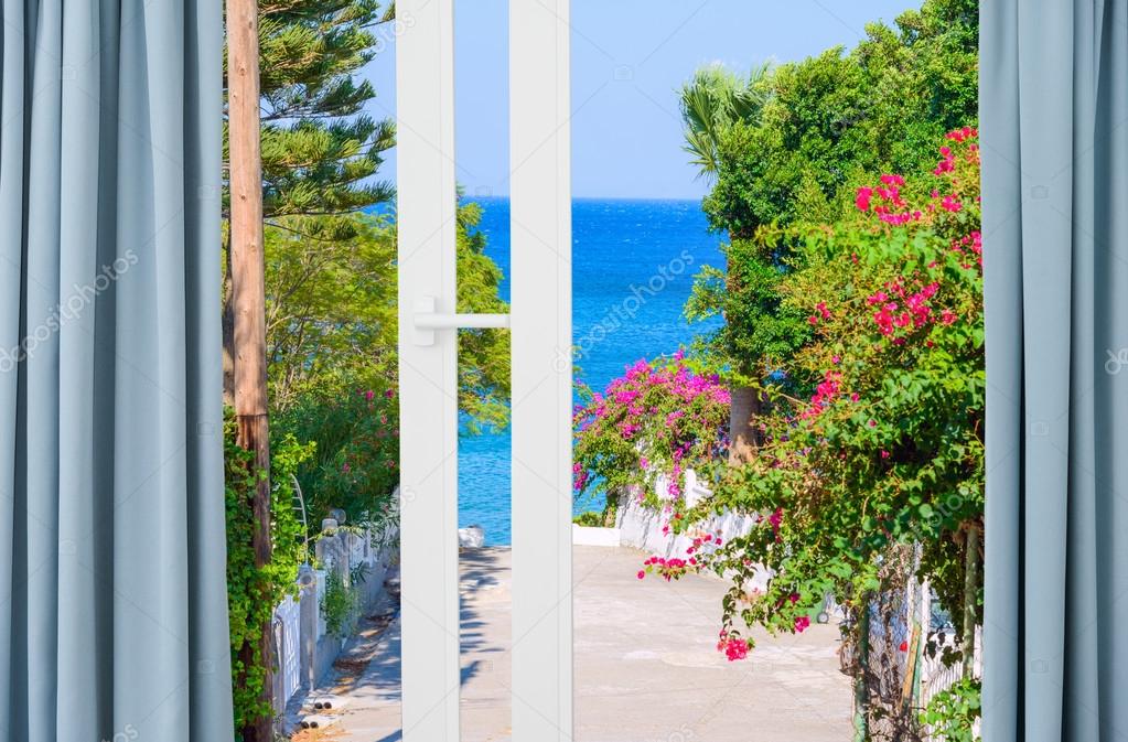 Nature landscape with a view through a window with curtains Stock Photo ...