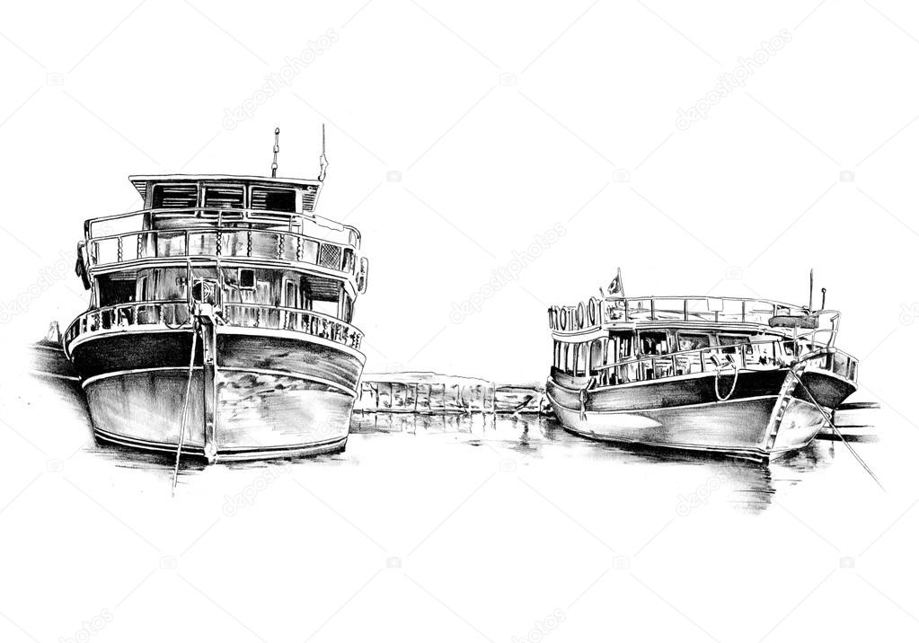 Antique boat sea motive drawing handmade Stock Photo by ©maxtor7777 ...