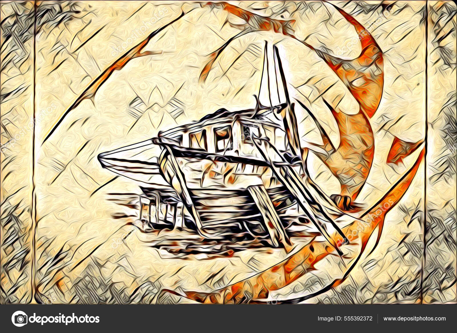 Antique Boat Sea Motive Drawing Handmade Illustration Stock ...