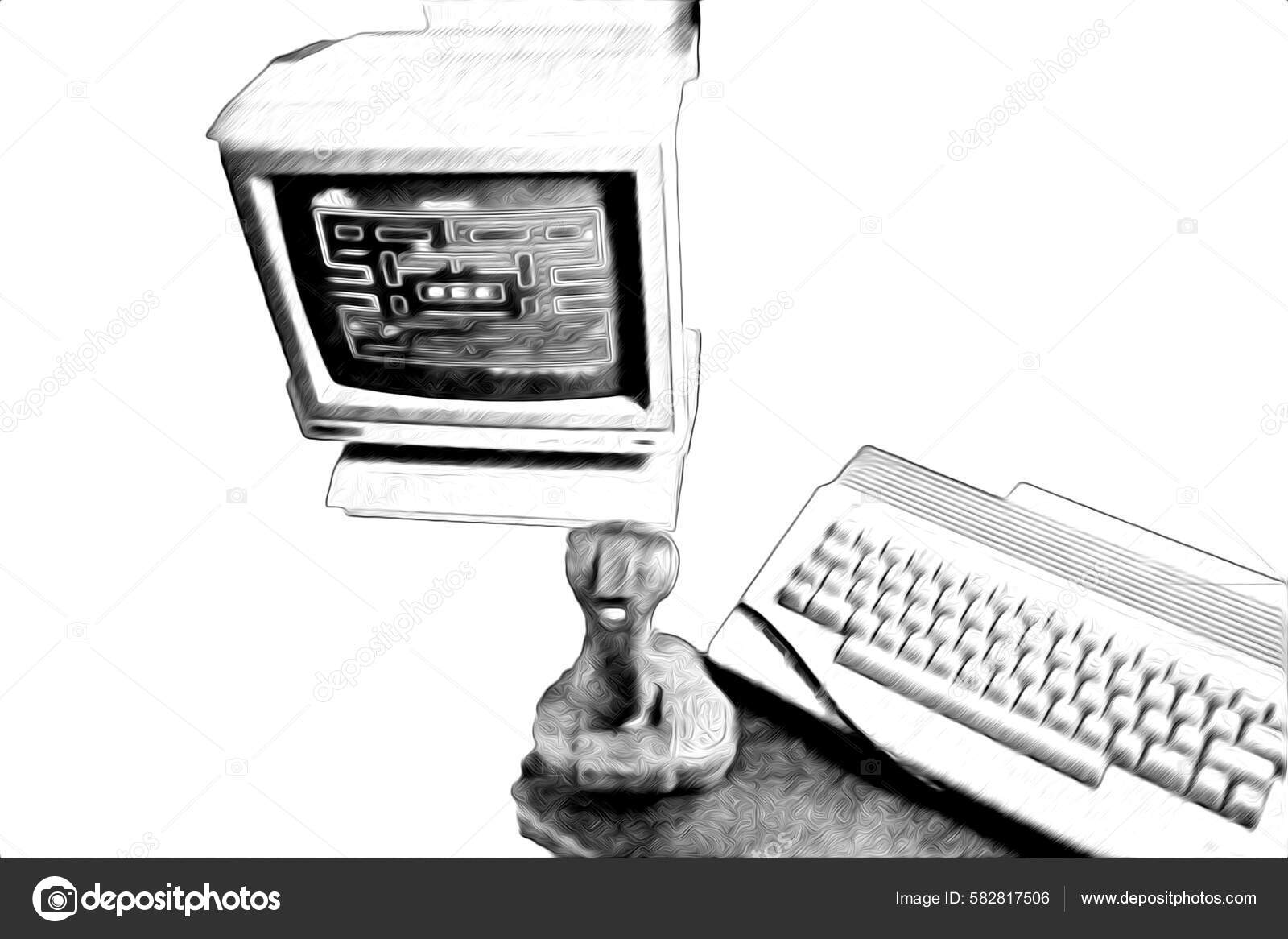 Old Computer Art Illustration Retro Vintage Machine Paint Sketch ...