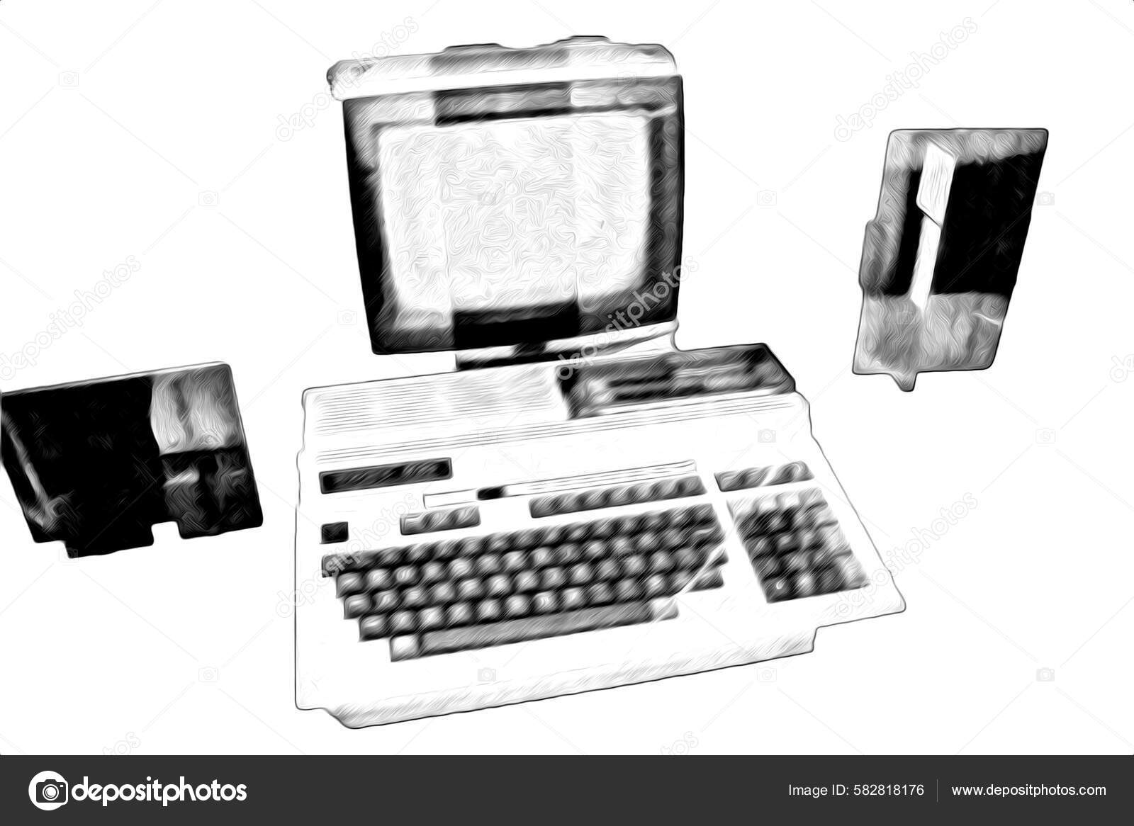 Old Computer Art Illustration Retro Vintage Machine Paint Sketch ...