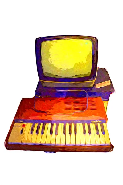 Old computer art illustration, retro vintage machine, paint, sketch ...