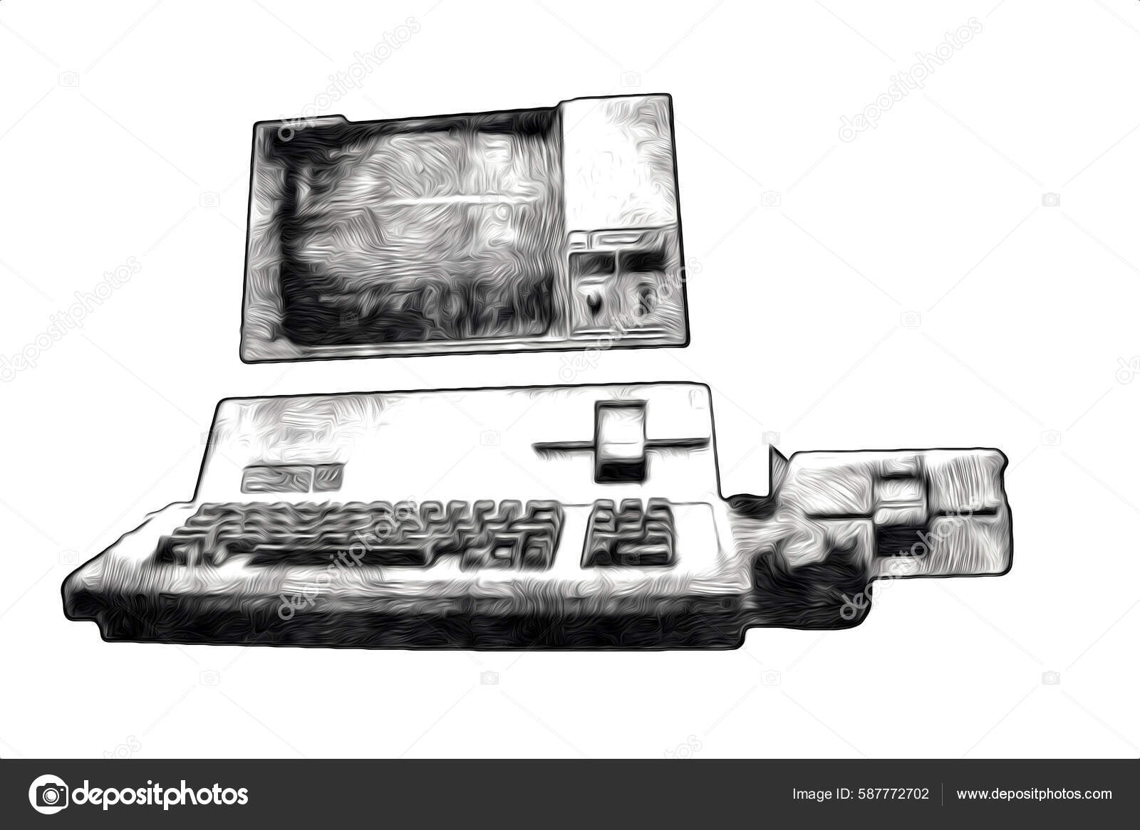 Old Computer Art Illustration Retro Vintage Machine Paint Sketch ...
