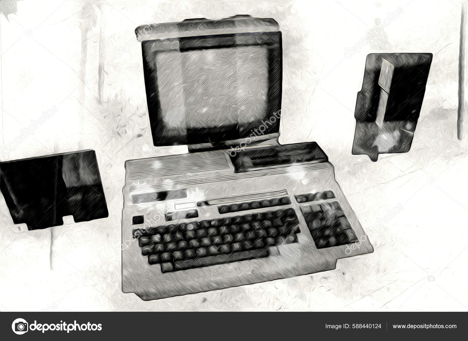 Old Computer Art Illustration Retro Vintage Machine Paint Sketch ...