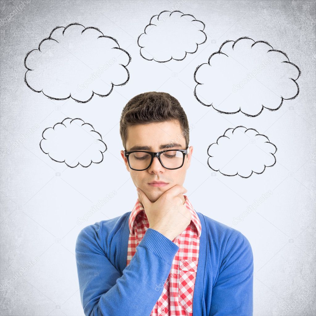 Young geek guy thinking about cloud computing — Stock Photo © big_like ...