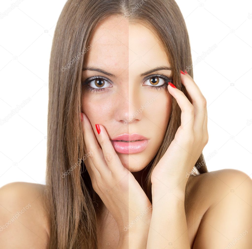 Female face before and after retouch — Stock Photo © big_like #23832675