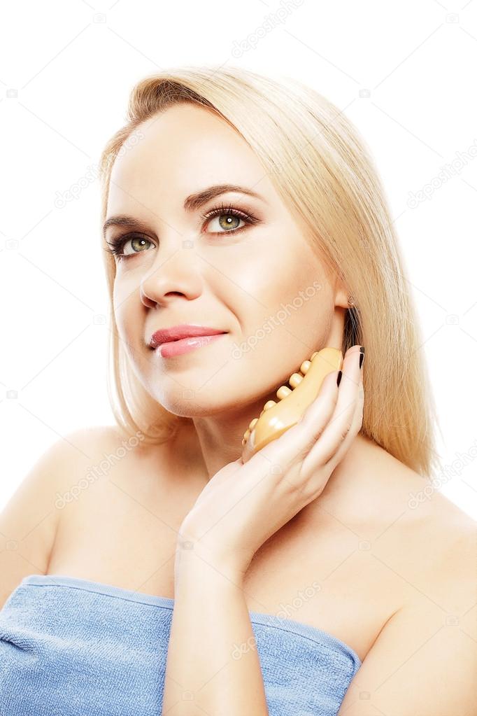 Portrait Of A Spa Woman Beautiful Blonde Girl After Bath Touching Her
