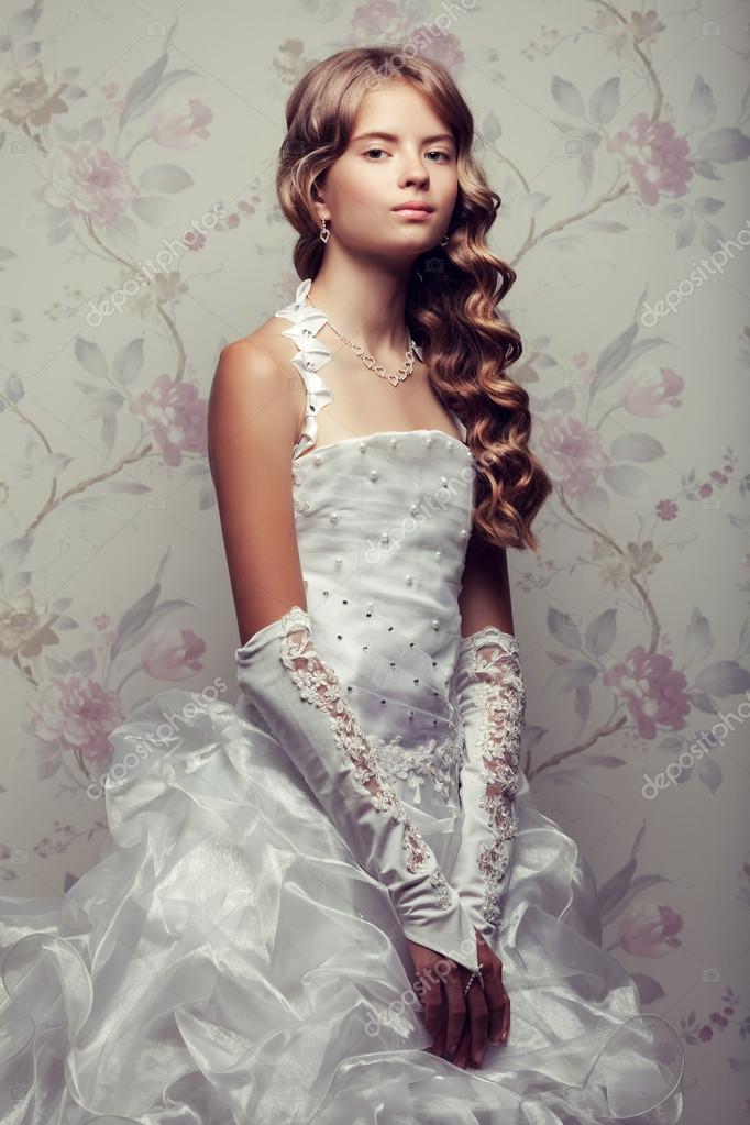 Portrait of a little princess in white vapory classic dress with Stock ...