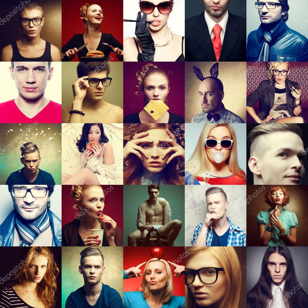 Hipster people concept. Collage (mosaic) of fashionable men, wom ⬇ ...