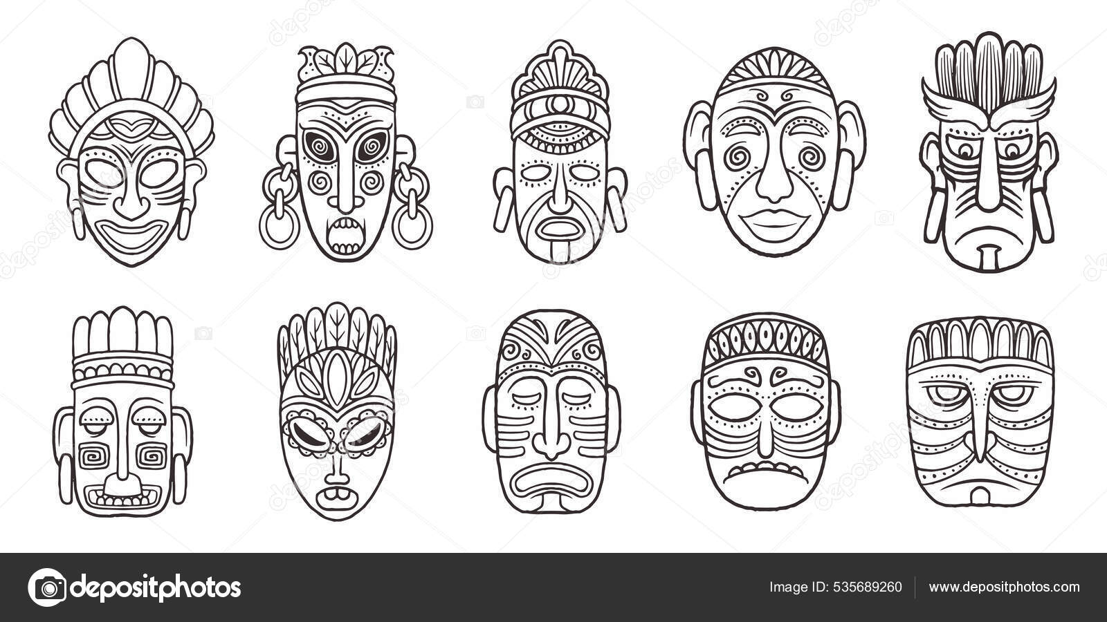 Set Hand Drawn Maya Faces Symbols Isolated White Background Stock ...