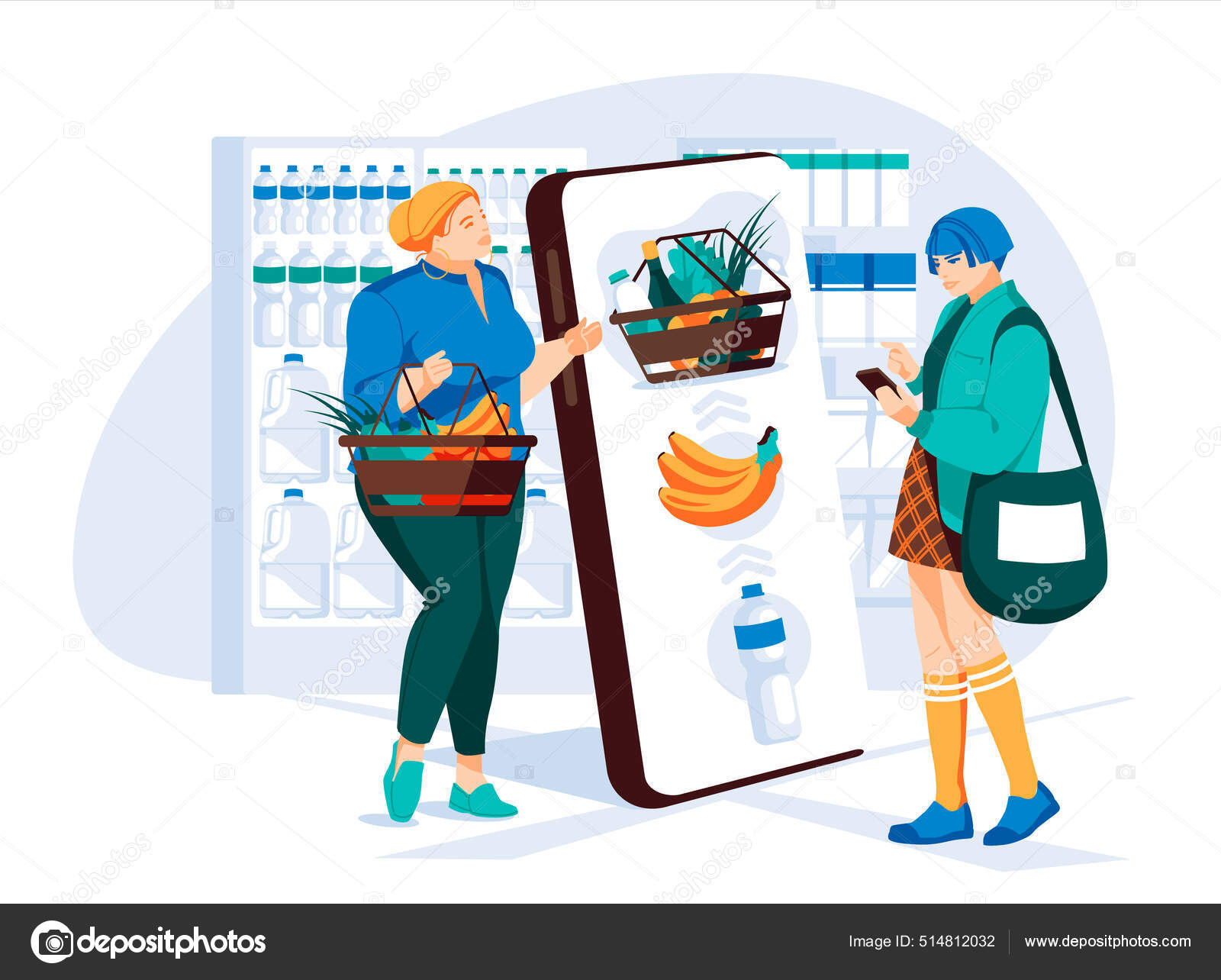 Two Young Women Make Choice Grocery Store Using Large Screen Stock ...