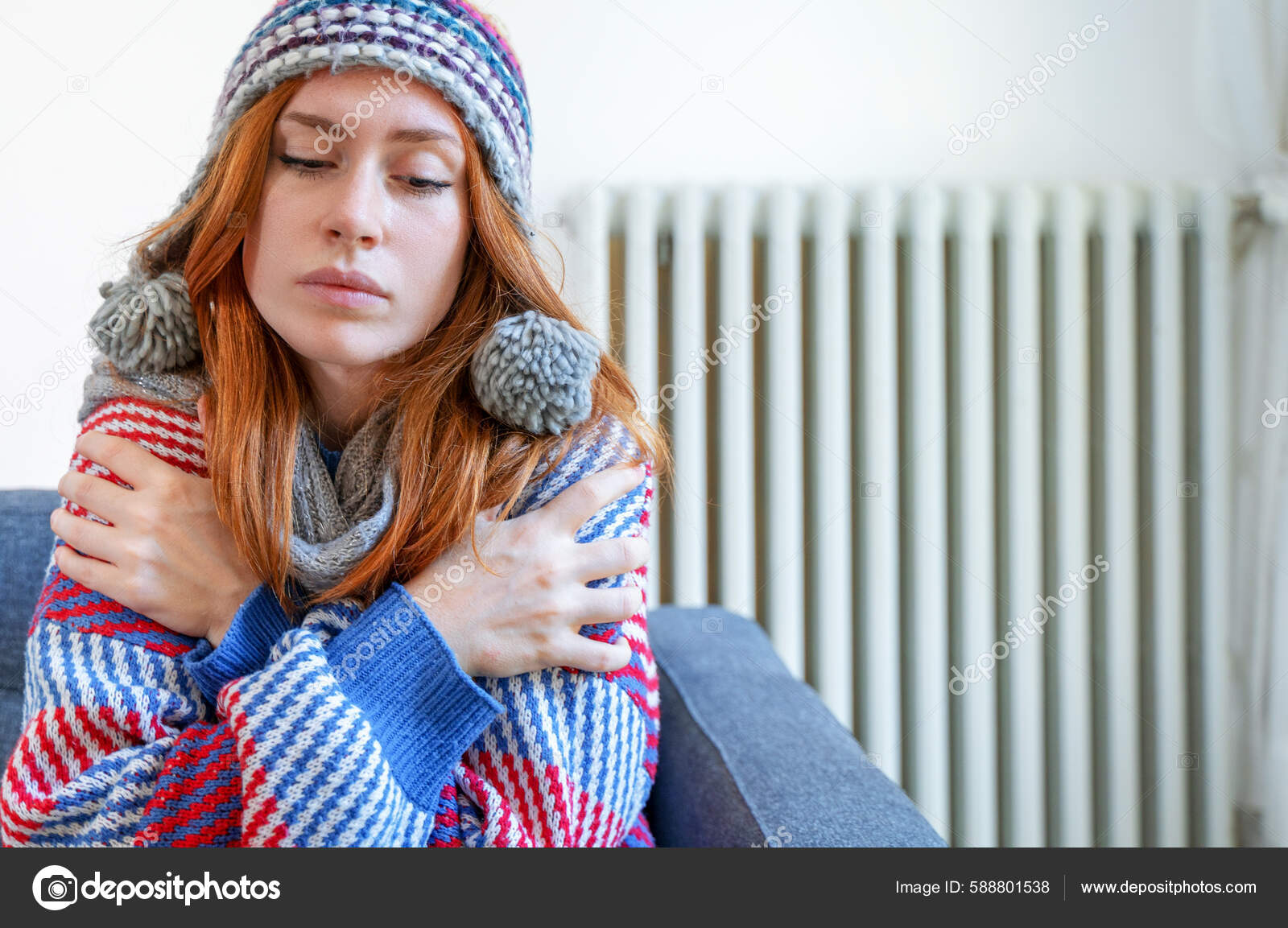 One Person Feeling Cold Home Having Heating Problem — Stock Photo ...
