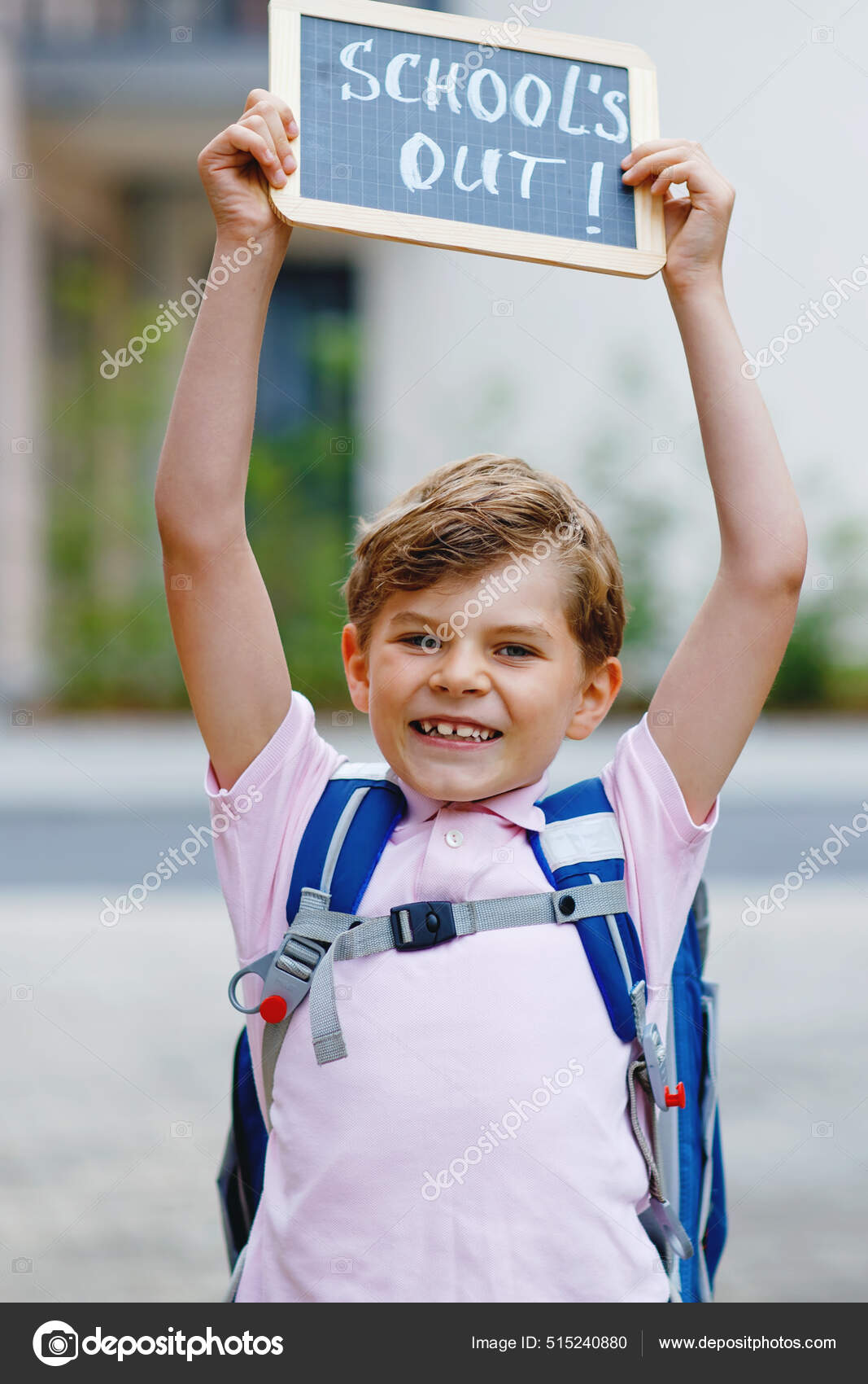 Happy little kid boy with backpack or satchel. Schoolkid on the way to ...
