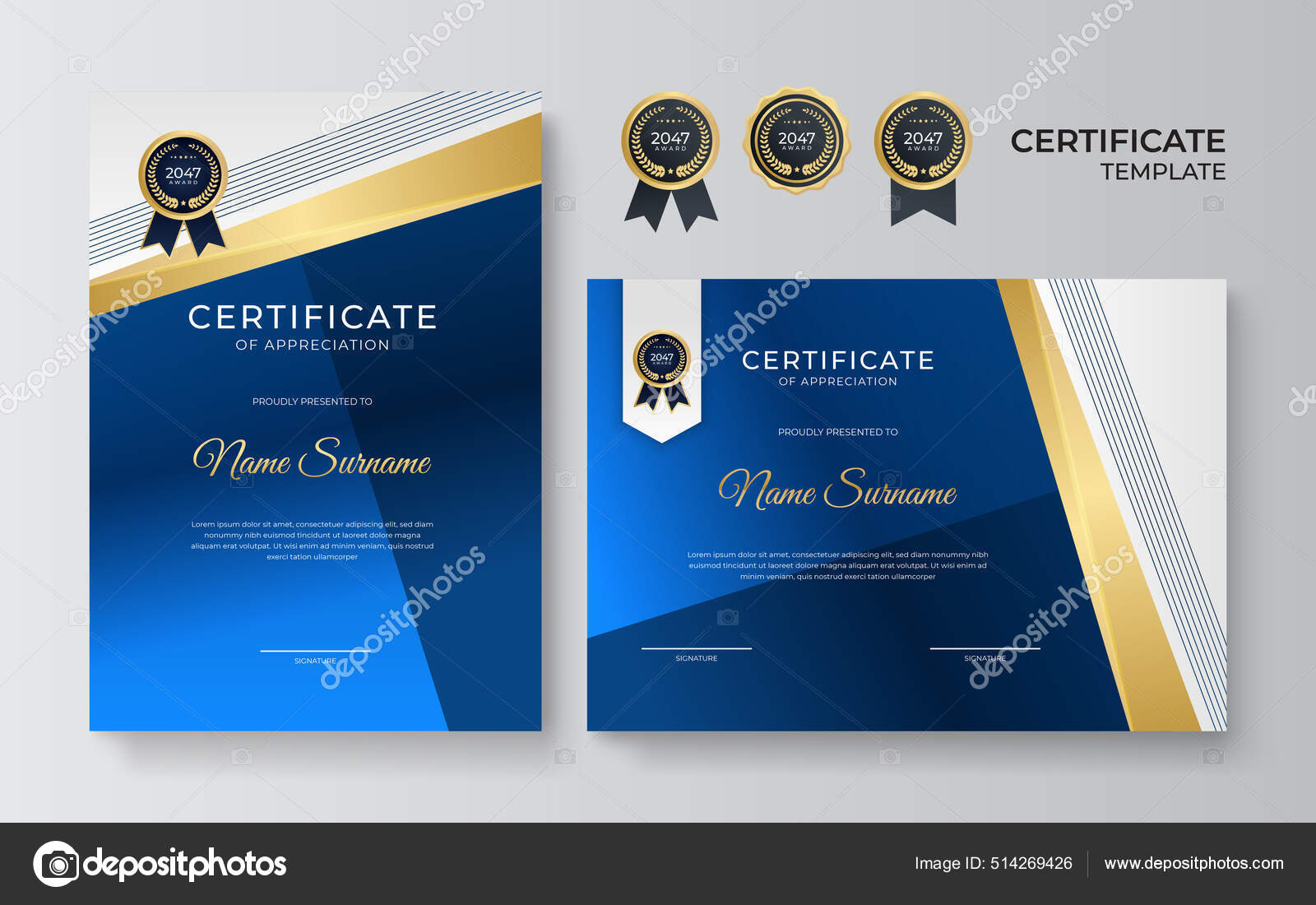 Blue Gold Certificate Template Modern Blue Certificate Award Diploma Template Stock Vector by ...