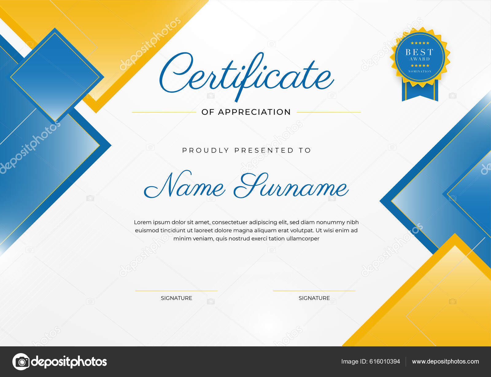 Modern Elegant Blue Yellow Certificate Achievement Template Gold Badge ...