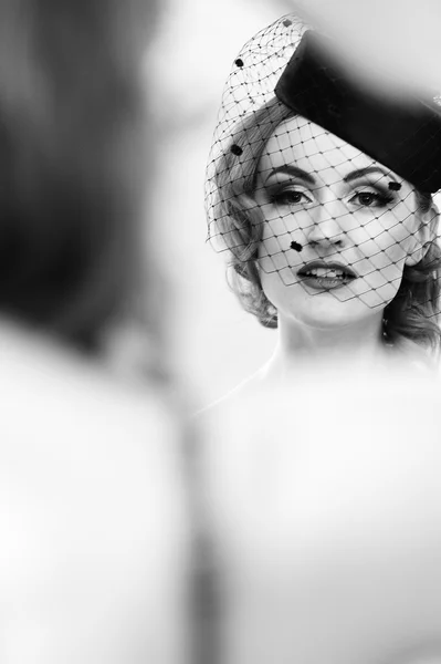 Attractive Vintage Pin Up Model Looking in Mirror — Stock Photo ...