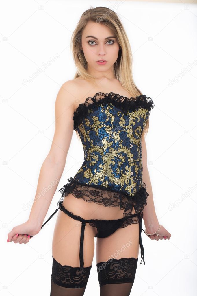Sexy Pin Up Modèle Portant Un Corset Et Des Bas — Photographie