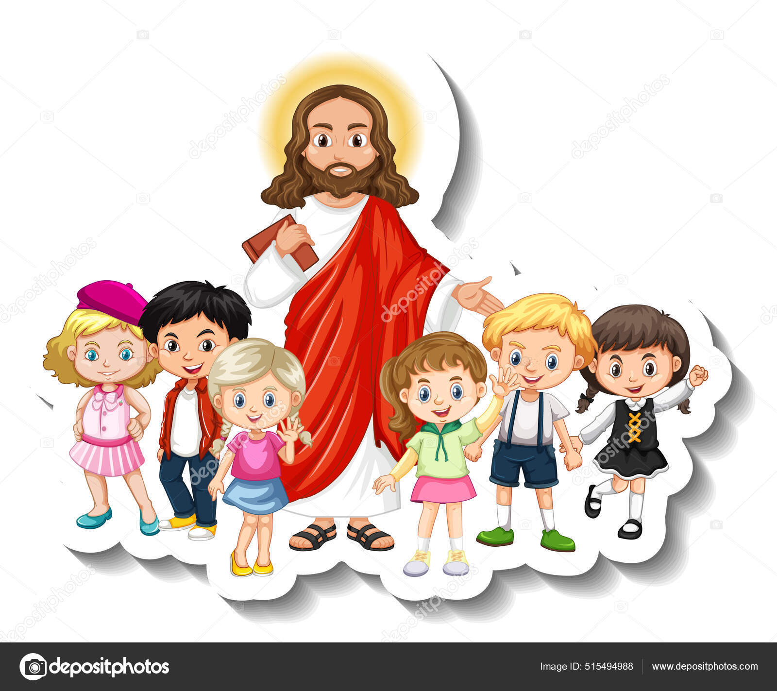 Jesus Christ Children Group Sticker White Background Illustration Stock ...
