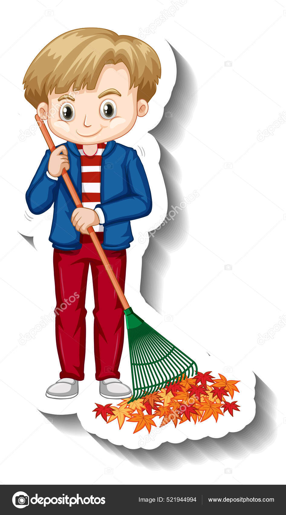 Boy Raking Leaves Cartoon Sticker White Background Illustration Stock ...