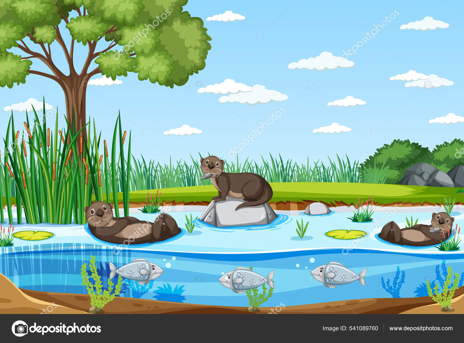 Sungai Hutan Dengan Gambar Kartun Berang Berang Vektor Stok oleh ...