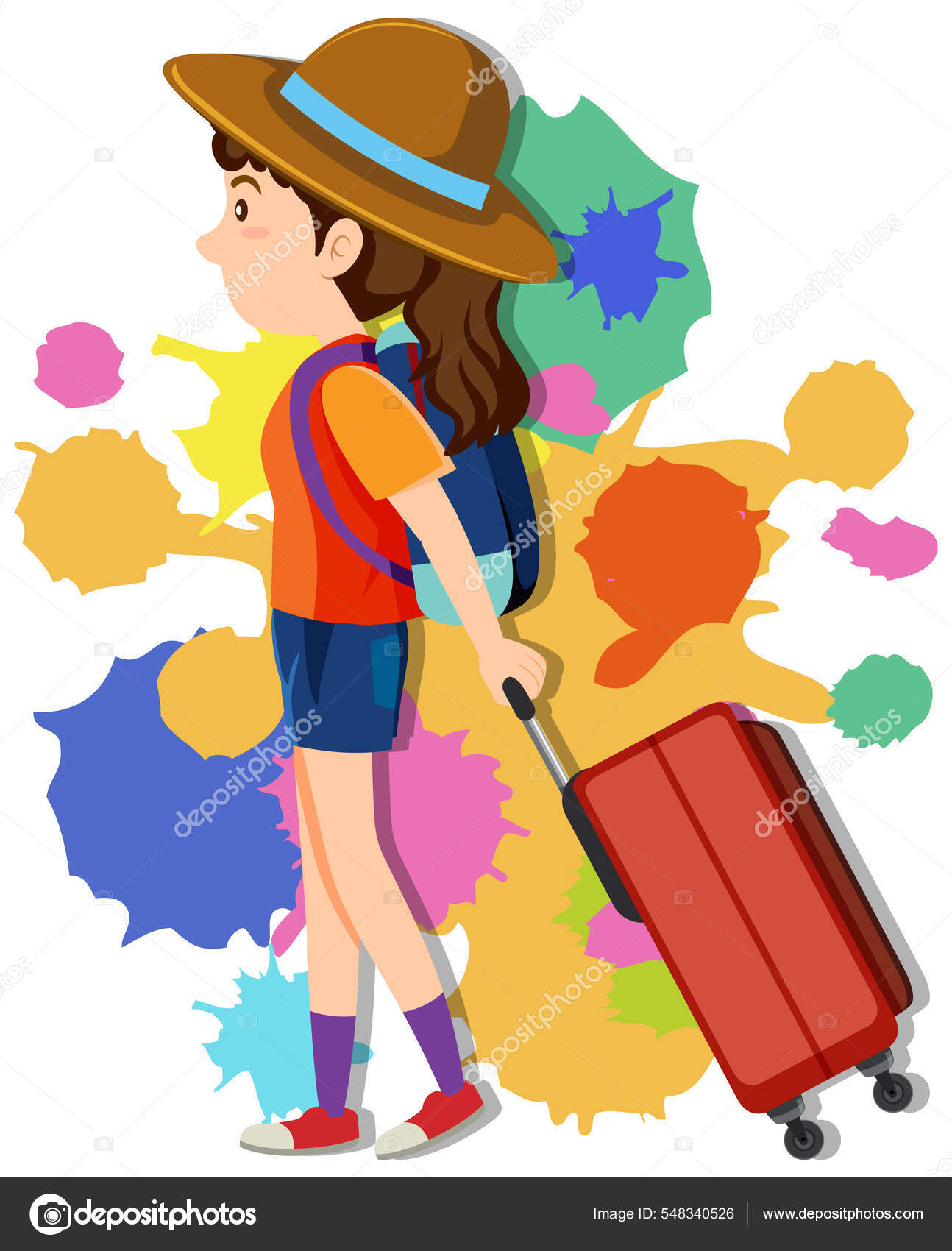 Girl Pulling Luggage Colorful Background Illustration Stock Vector by ...