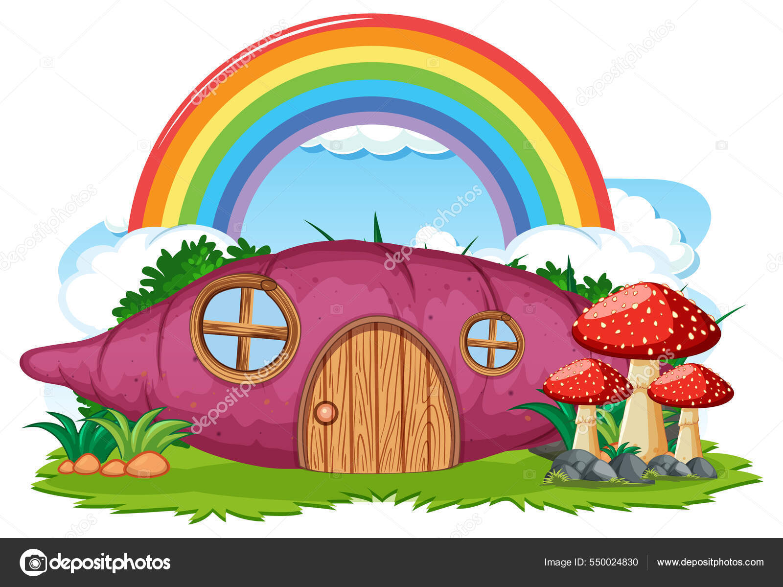 Fantasy Rumah Kentang Dengan Pelangi Langit Ilustrasi Vektor Stok oleh ...