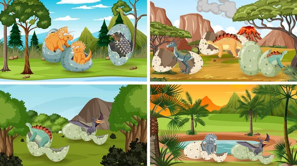 Different Prehistoric Forest Scenes Dinosaur Cartoon Illustration ...