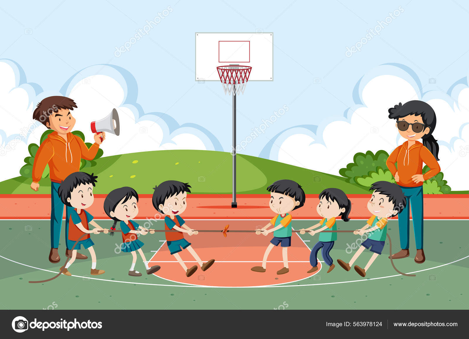 Niños Jugando Tira Afloja Juego Ilustración Vector de stock #563978124 ...