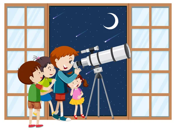 Happy Kids Observe Night Sky Telescope Illustration Stock Vector by ...