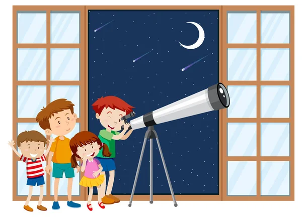 Happy Kids Observe Night Sky Telescope Illustration Stock Vector by ...