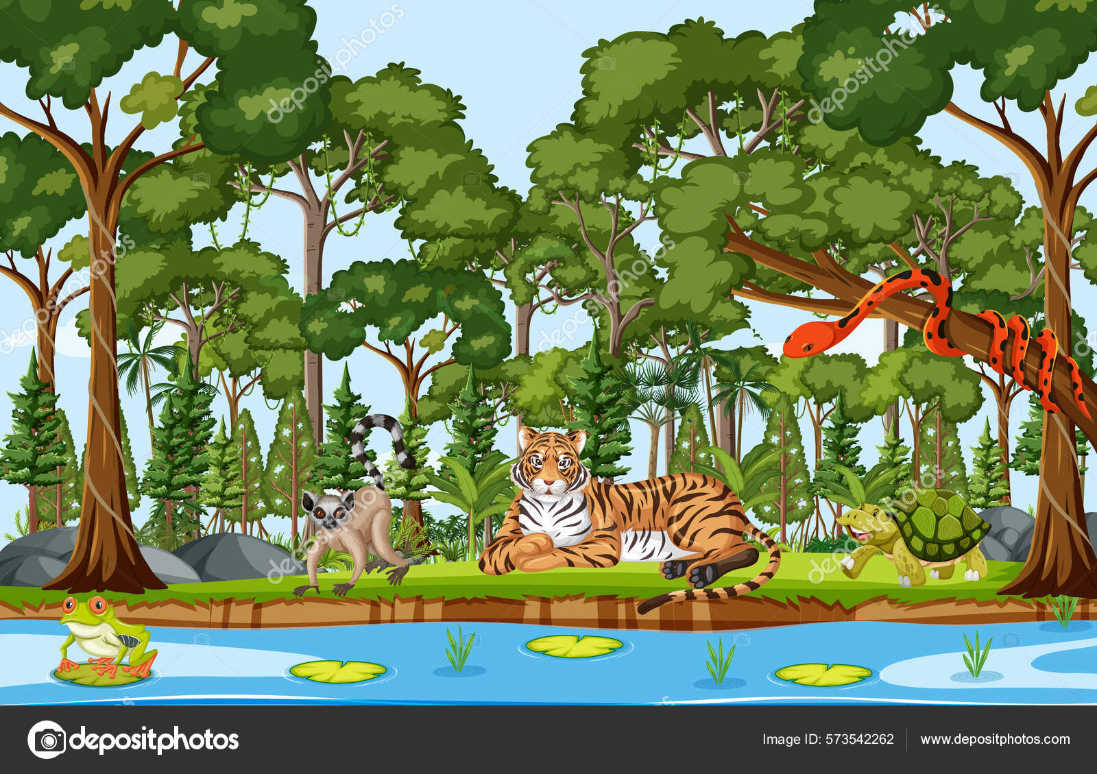 Wilde Tiere Zeichentrickfiguren Wald Szene Illustration Stock ...