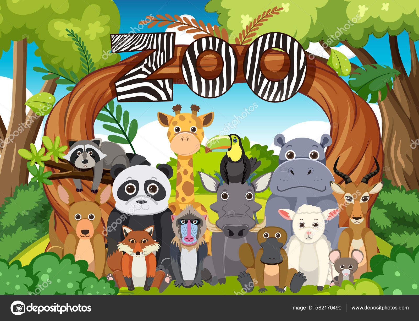 Grupo Animales Del Zoológico Ilustración Dibujos Animados Planos Vector ...