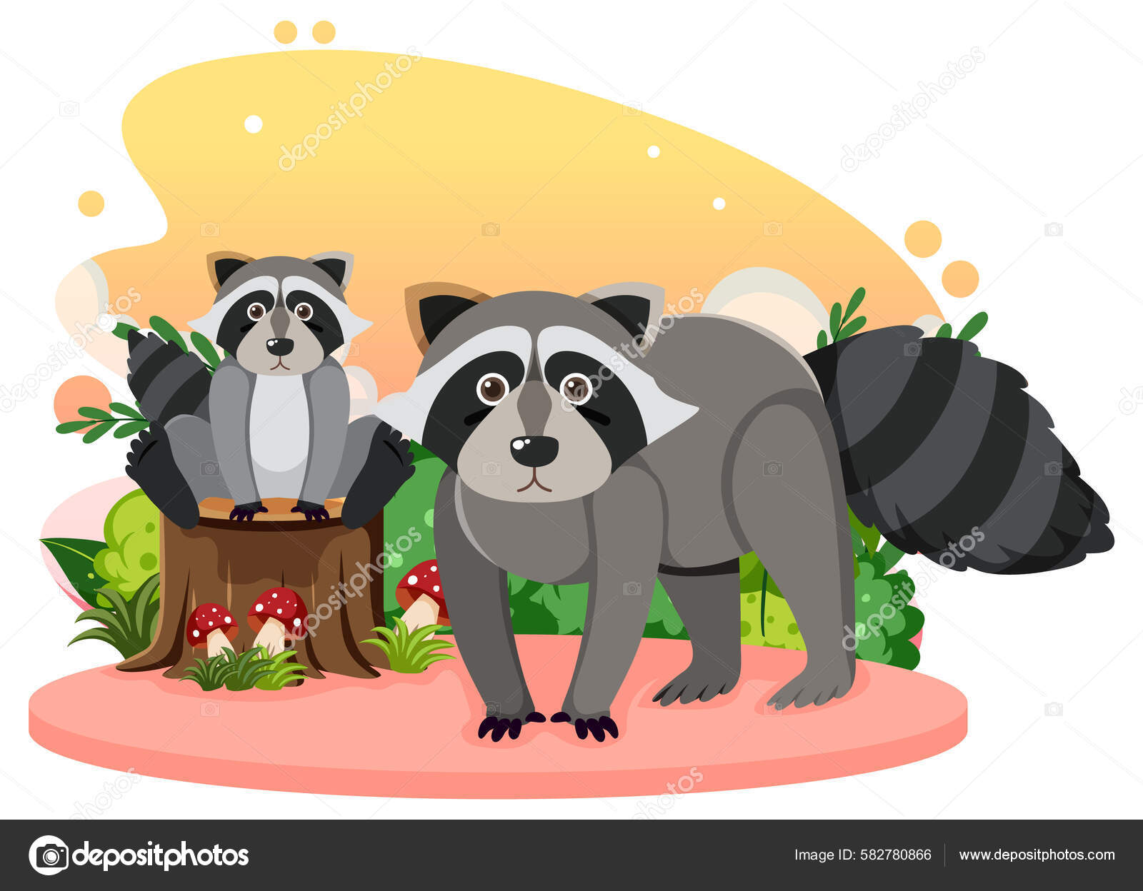 Dos Mapache Lindo Ilustración Plana Estilo Dibujos Animados Vector de ...
