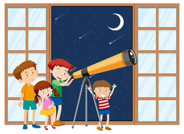 Happy Kids Observe Night Sky Telescope Illustration Stock Vector by ...