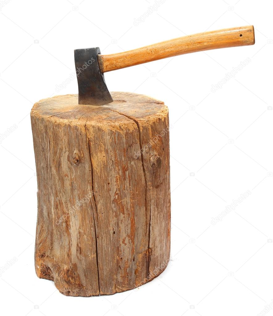 Cut log fire wood and old axe. — Stock Photo © vladvitek #12712792