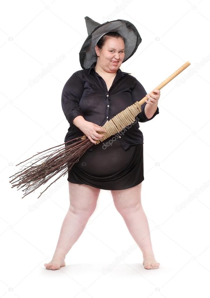Funny obese witch with her magic broomstick. Haloween concept. — Stock ...