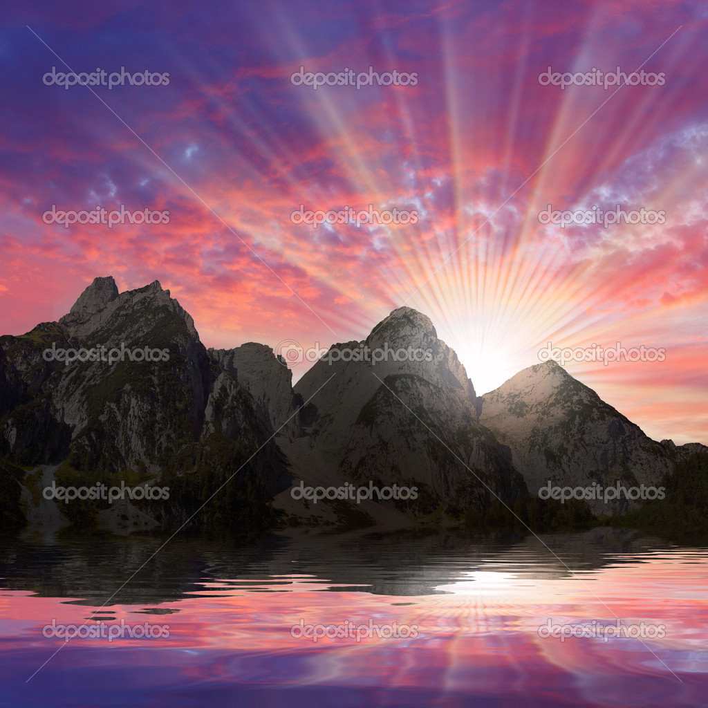 Beautiful sunset over a high mountains. Alps, Salzkammergut, Austria ...