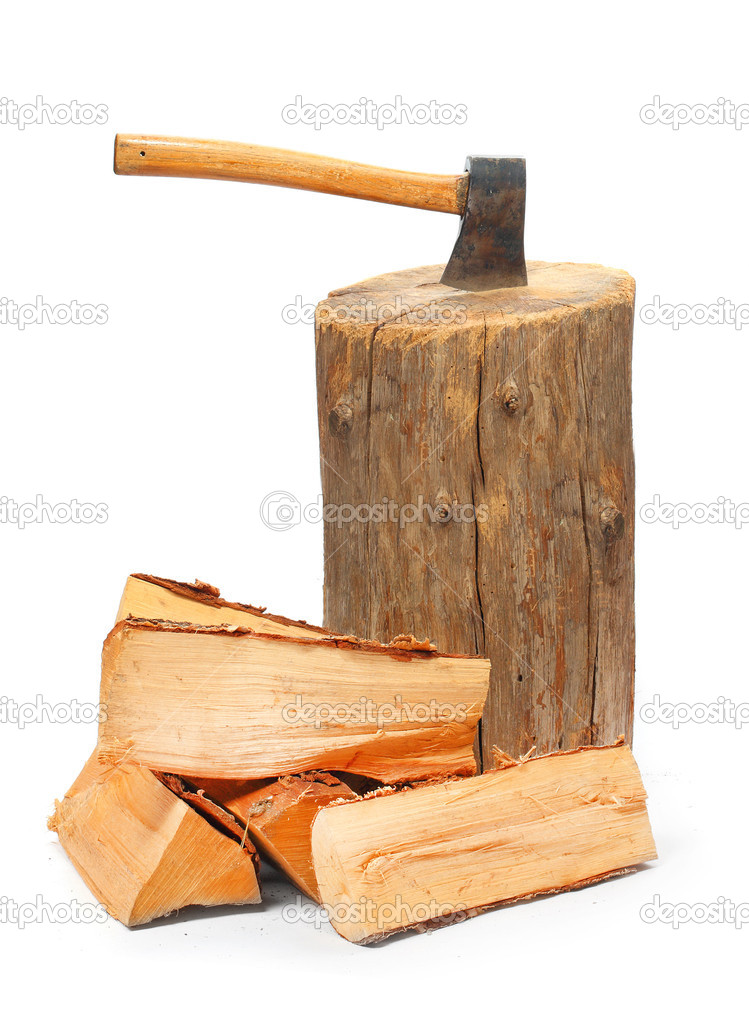 Cut logs fire wood and old axe. Environmental concept. — Stock Photo ...