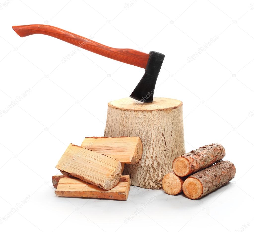 Cut log fire wood and lumberjack axe. — Stock Photo © vladvitek #33797809