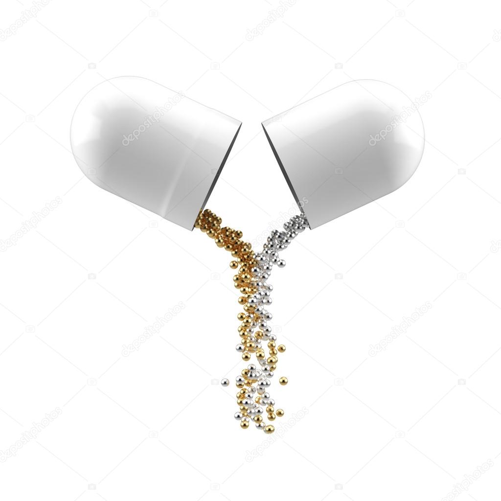 Opened pill capsule with silver and gold tablets. Stock Photo by ...