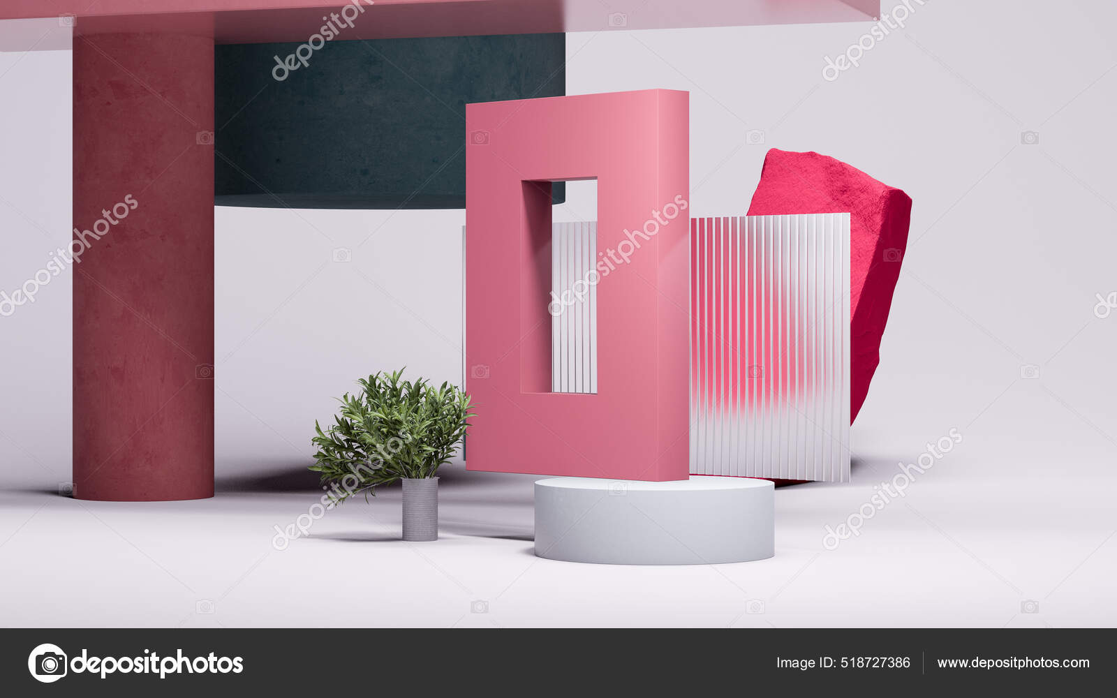 Square pink arc with square hole and white round podium display near ...