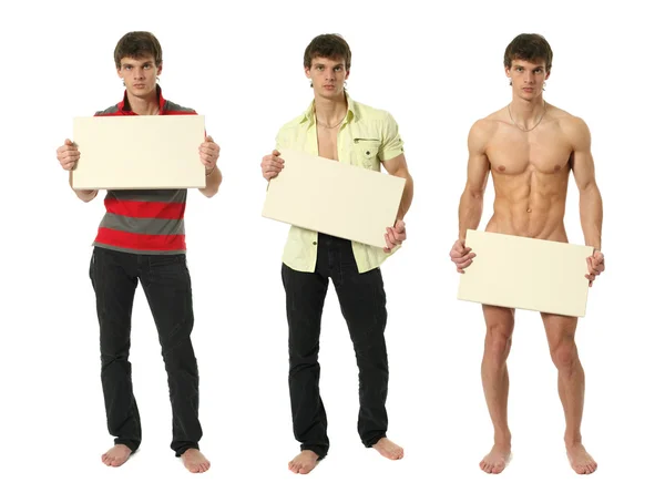 Three young sexy men with copy space blank signs — Stock Photo ...