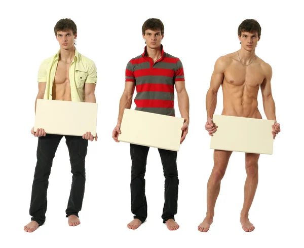 Three young sexy men with copy space blank signs — Stock Photo ...