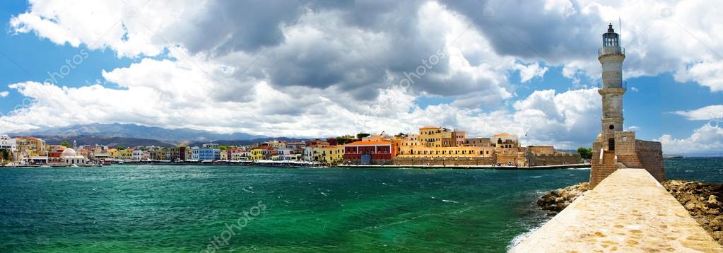 Chania Crete (Greece) - panoramic image with light house Stock Photo by ...