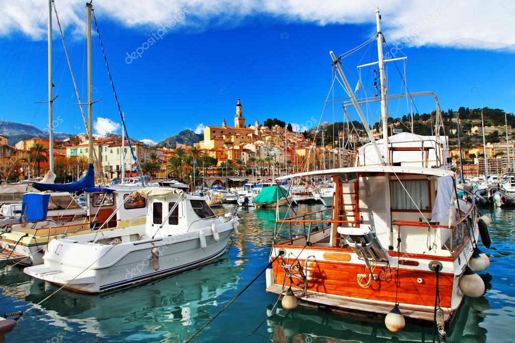 Menton - colorful port town, view with boats — Stock Photo © Maugli ...
