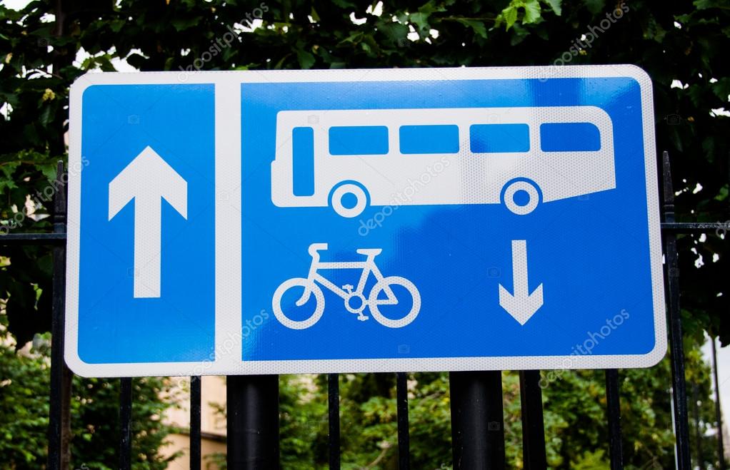 Sign on a British road for Bus and cycle lane on a metal frame — Stock ...