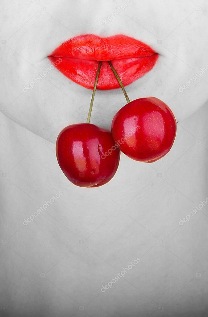 Red cherry in lips Stock Photo by ©lilu1331 28165101