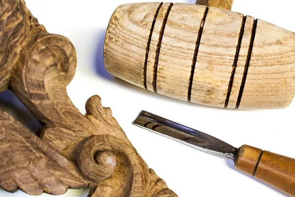 Wood carving with work tools and technical drawing,isolated — Stock ...