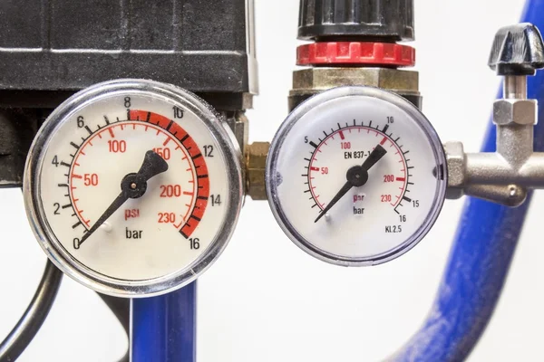 Industrial barometer in blue air compressors,white background — Stock ...
