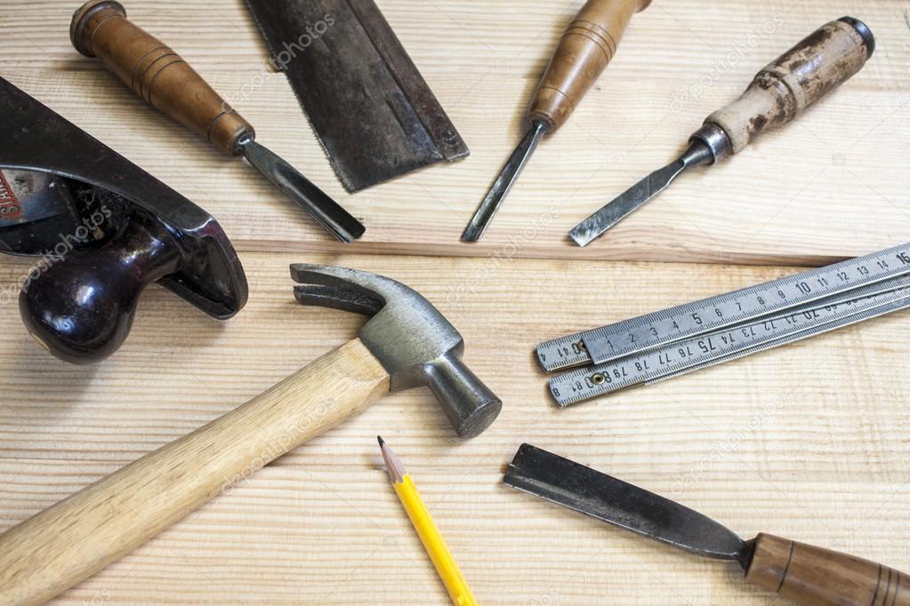 Joiner tools,hammer chisel and meter on wood table background Stock ...